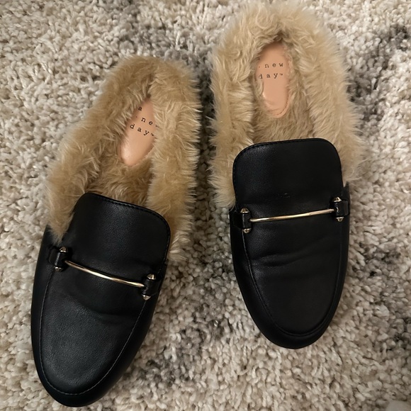 Target | Shoes | Fuzzy Black And Gold Winter Mules | Poshmark